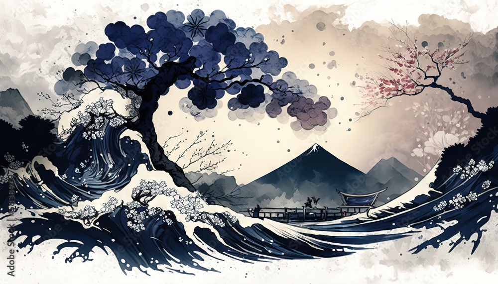 Japanese landscape painting. Oriental natural wave pattern with ocean ...