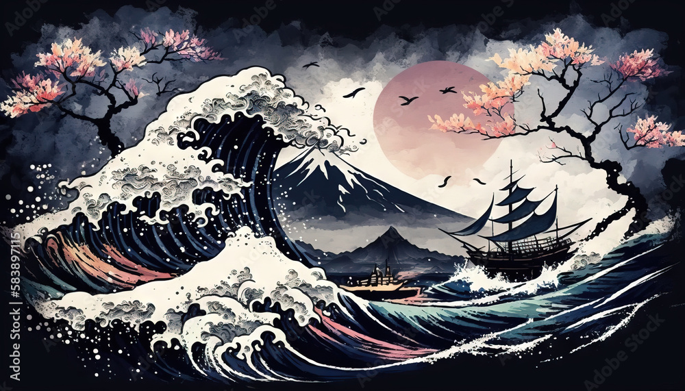 Japanese landscape painting. Oriental natural wave pattern with ocean ...