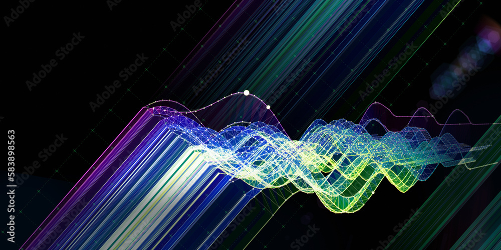Abstract Background Noisy Color Graph Curved In A Grid Sinusoid On Dark Technology Graph With