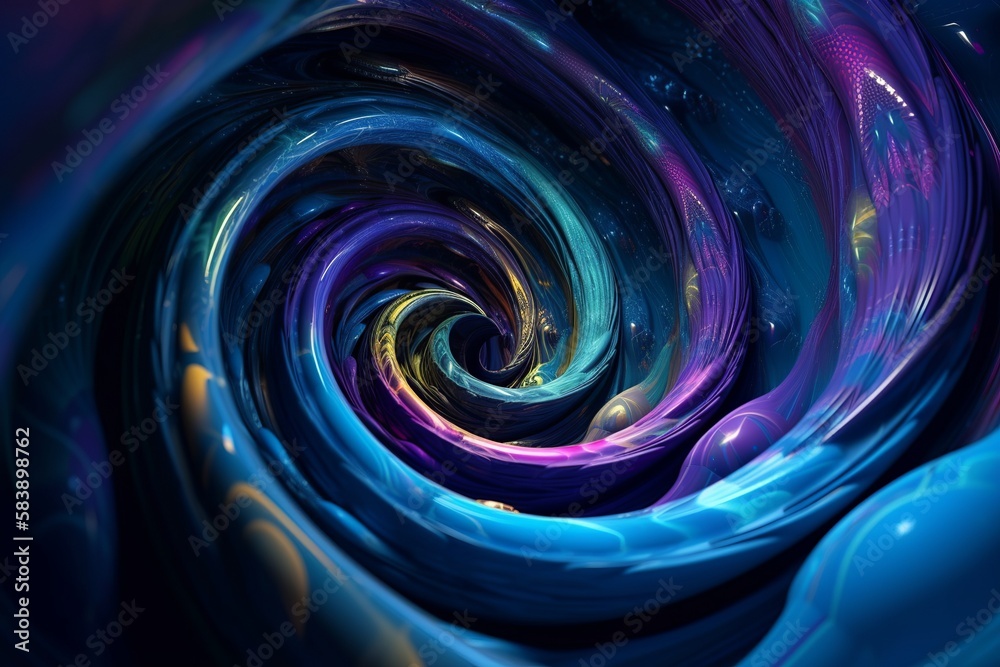abstract background featuring a swirling vortex design, metallic materials, and a vibrant blue ...