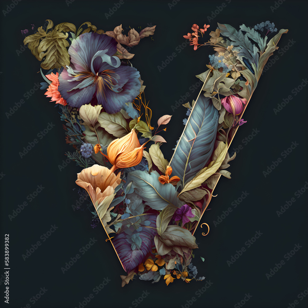 AI Generative. floral letter V with flowers .Monogram initial perfectly ...