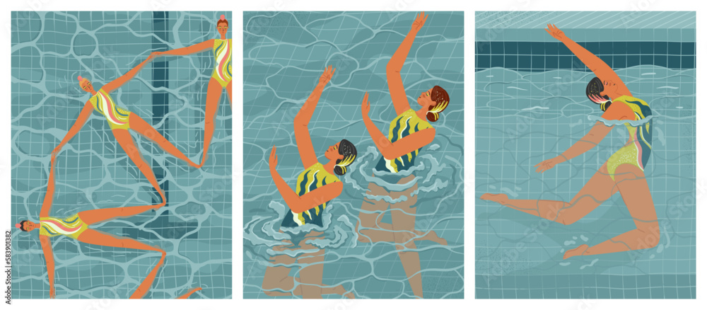Vetor de Synchronized swimming vector posters set. Women synchro ...