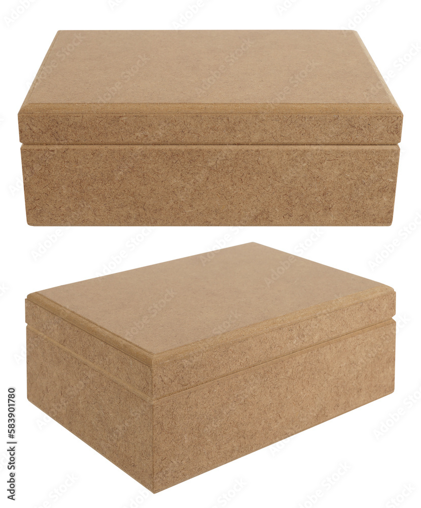 Simple wooden box with lid closed isolated on white background. Two ...