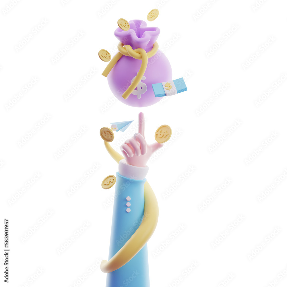 3d minimal Hand Gesture pointing money bag isolated object. Money ...