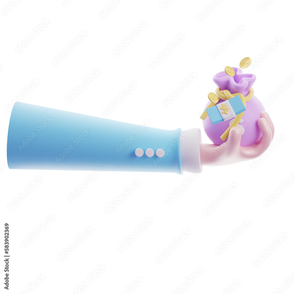 cartoon hand giving coin money bag, 3d illustration. isolated on ...