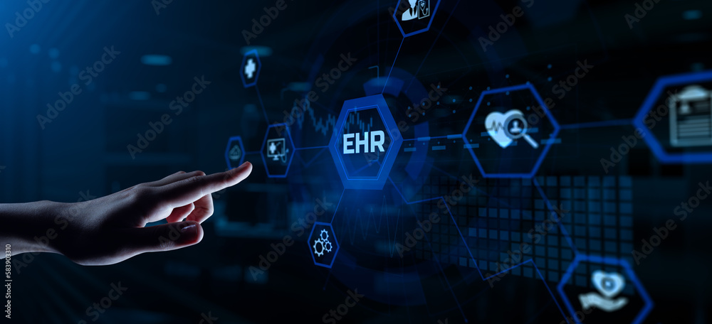 EHR electronic health record software system. Businessman pressing ...