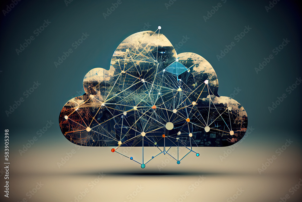 Cloud computing concept, server hardware storage with virtual connections, data flow and ...