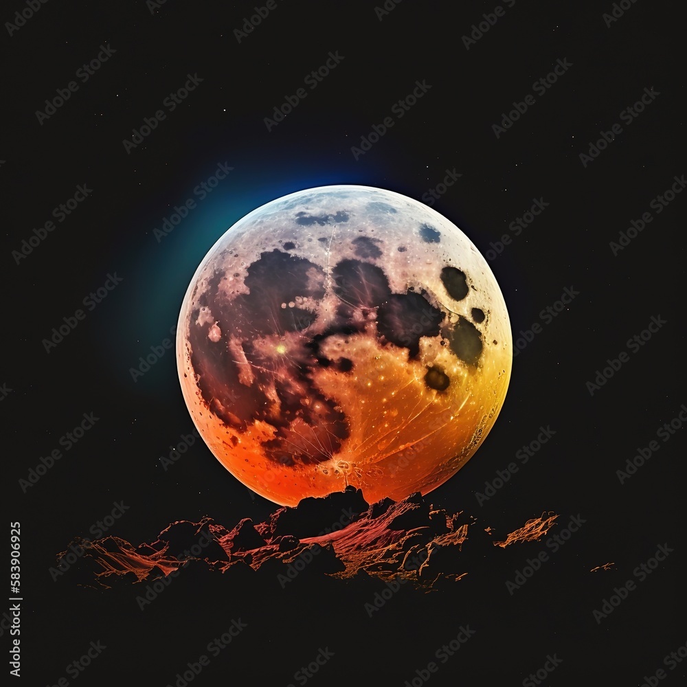 Bright surface of full moon and Earth on the horizon, fantasy cosmic ...