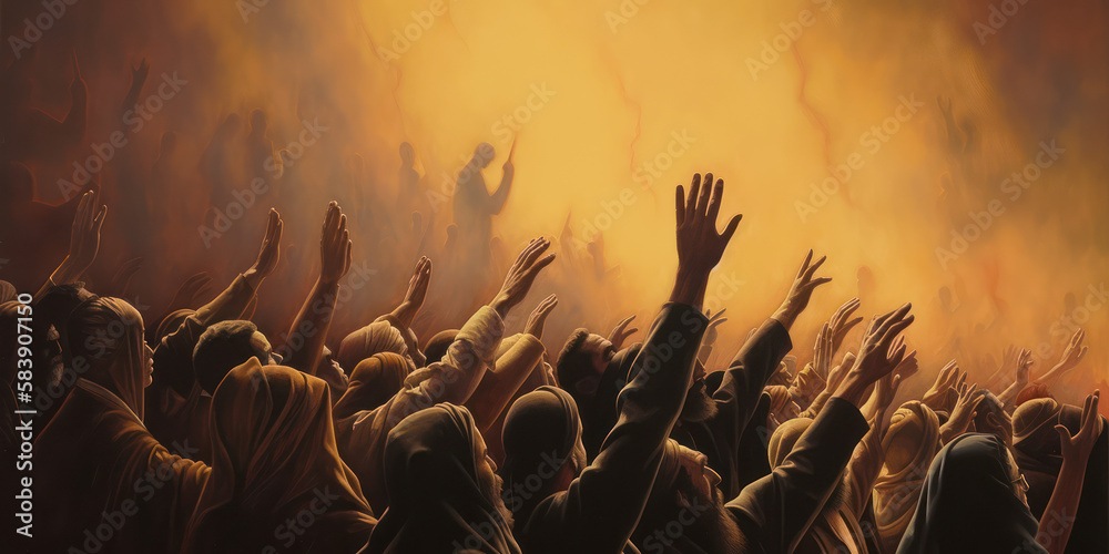 Hands reaching for the divine light in a religious illustration artwork ...