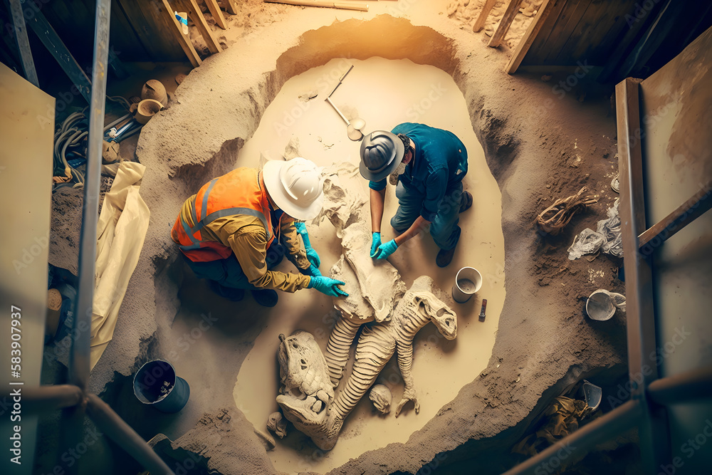 Archaeologist works on an archaeological site with dinosaur skeleton in ...