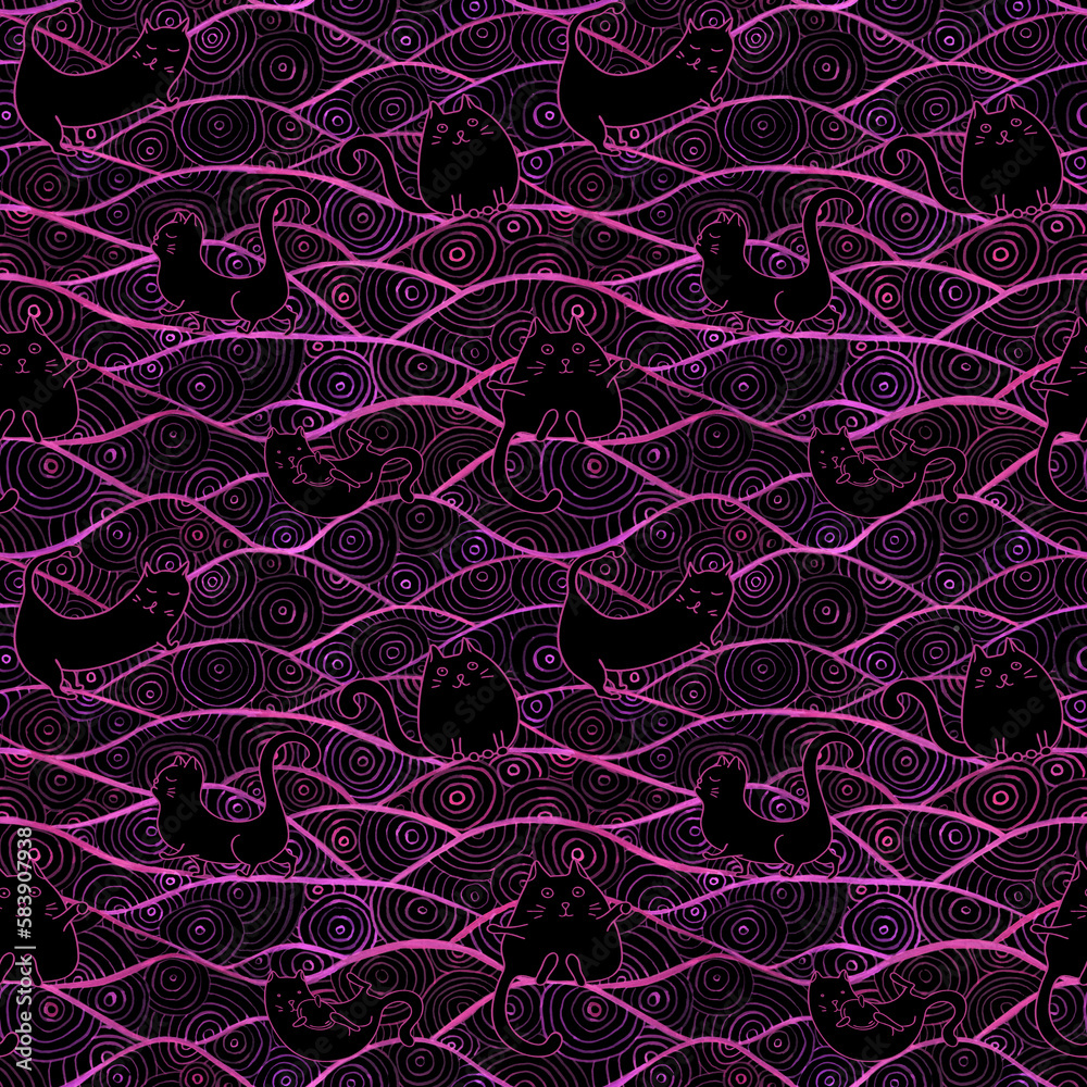 Black cats on purple abd blue waves. Black and purple seamless pattern ...