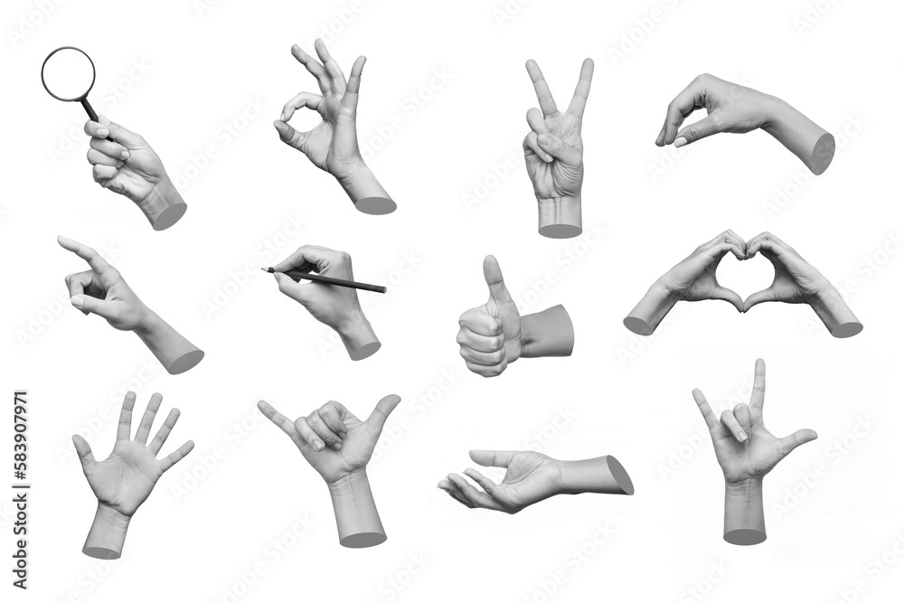 Set of 3d hands showing gestures as ok, peace, thumb up, point to ...