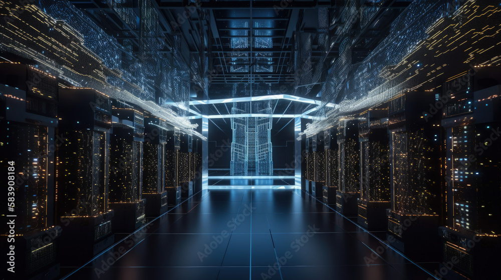 Ilustrace „Artificial intelligence server room with glowing nodes and ...