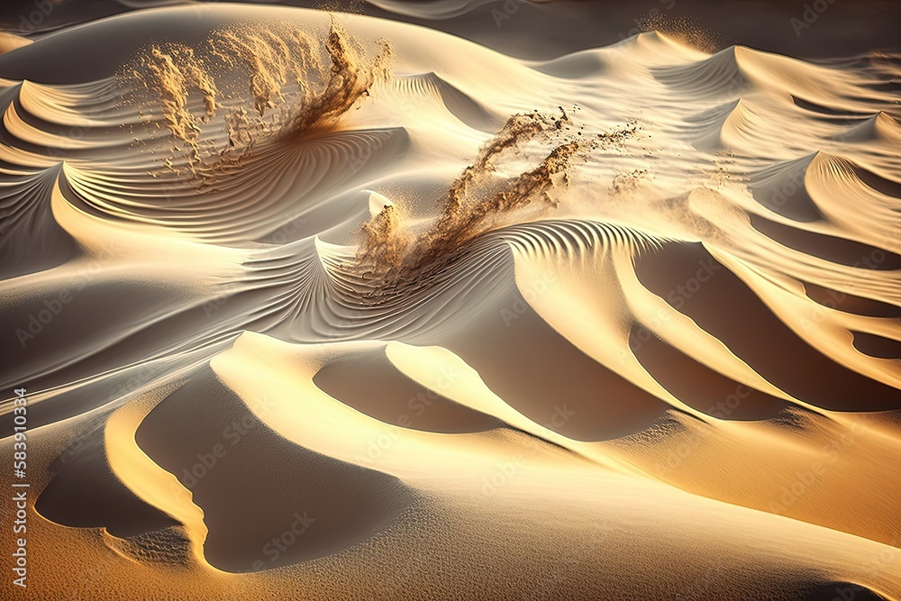 A desert landscape with the wind blowing through the sand, creating a ...