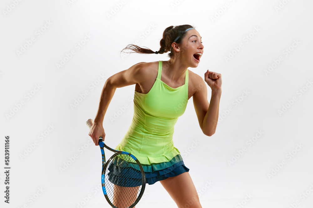 Happiness. Winner. Portrait of young woman, professional female tennis ...