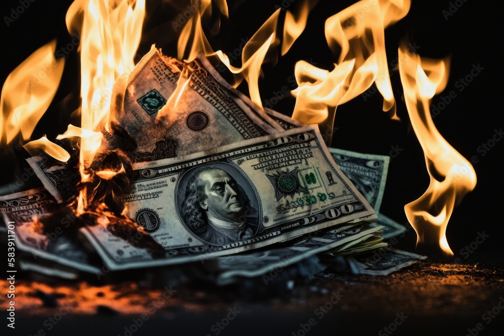 Image of a pile of money on fire: Symbolic of the devaluation of ...