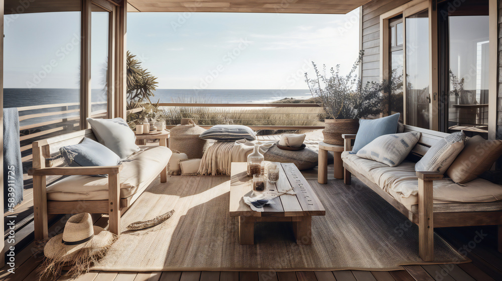 Coastal garden terrace patio outdoor, with wood and fabric blue white ...