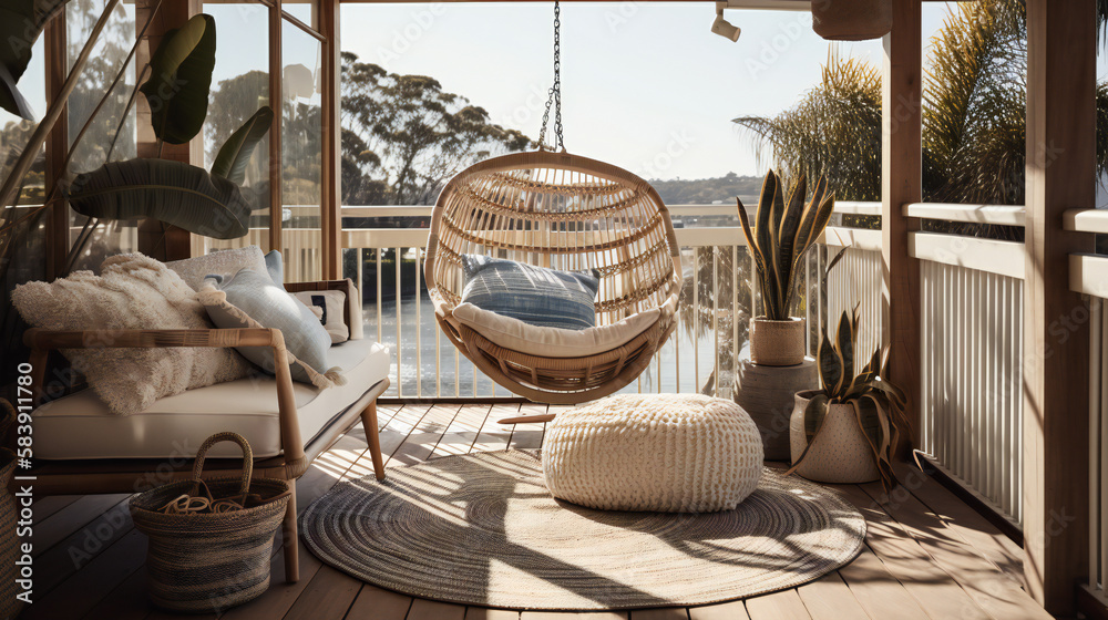 Coastal garden terrace patio outdoor, with wood and fabric blue white ...