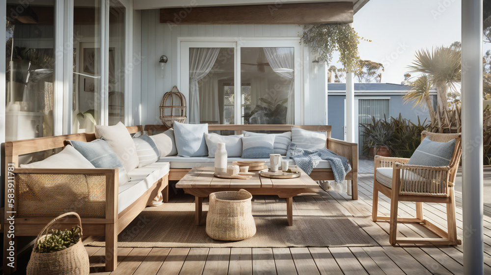 Coastal garden terrace patio outdoor, with wood and fabric blue white ...