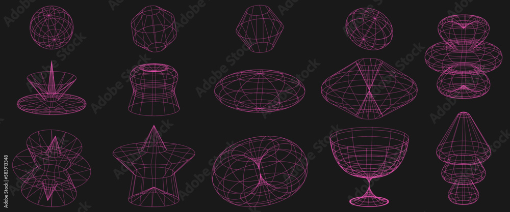 Geometry wireframe shapes and grids in neon pink color. 3D abstract shapes. 00s Y2k retro ...