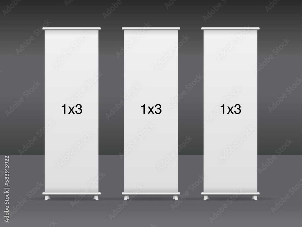 Set of 3 empty standee or rollup banner display mockup on isolated ...