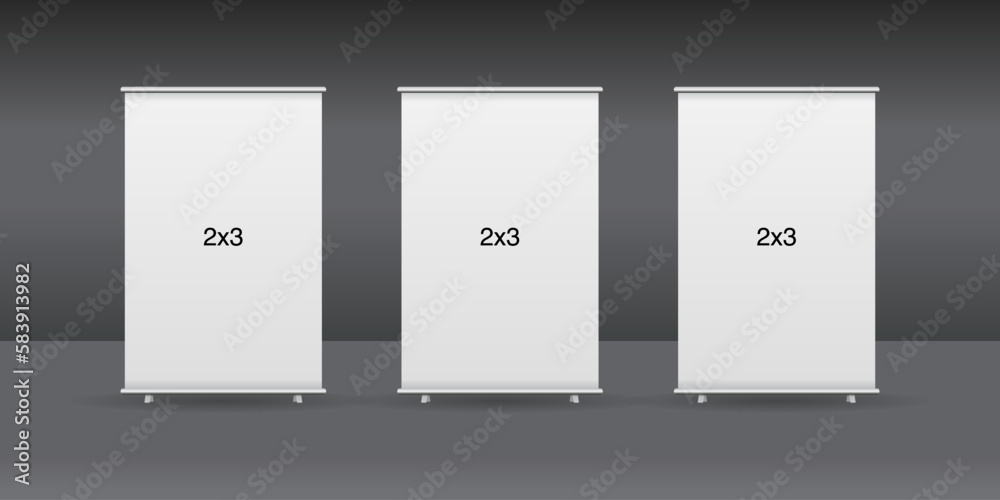 Set of 3 empty standee or rollup banner display mockup on isolated ...