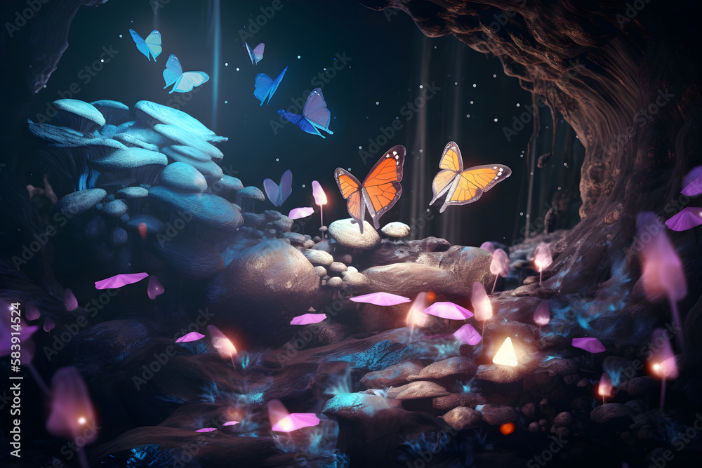 AI Generative, A mysterious magical cave with flying butterflies and ...