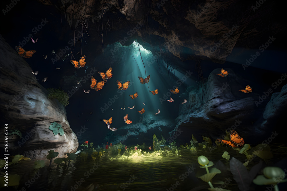 AI Generative, A mysterious magical cave with flying butterflies and ...