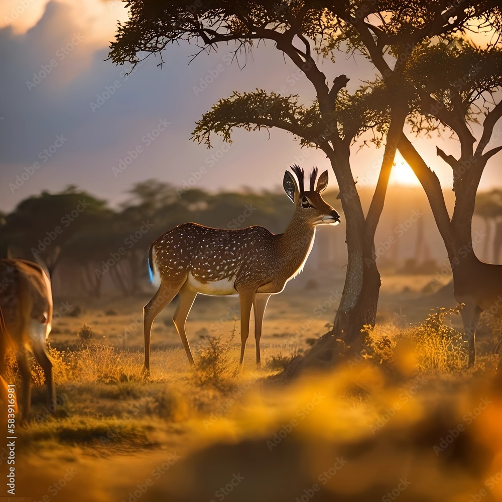 anime style, dikdik antelope in jungle, golden sunlight in orange sky ...
