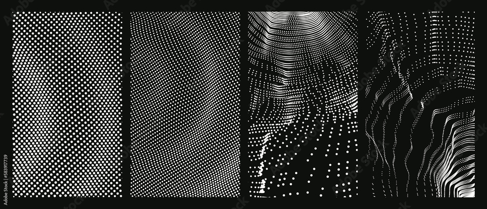 Abstract wavy background with dynamic particles. Circular grid pattern. Vector illustration with ...