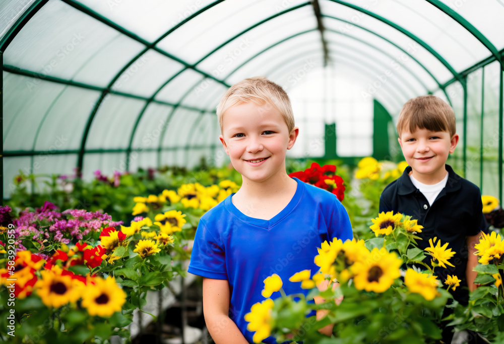 Generative AI illustration of cute preteen boys in glasshouse Stock ...