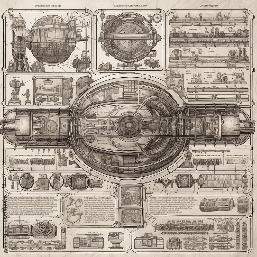 Vintage technical drawing on old paper, abstract drafting background ...