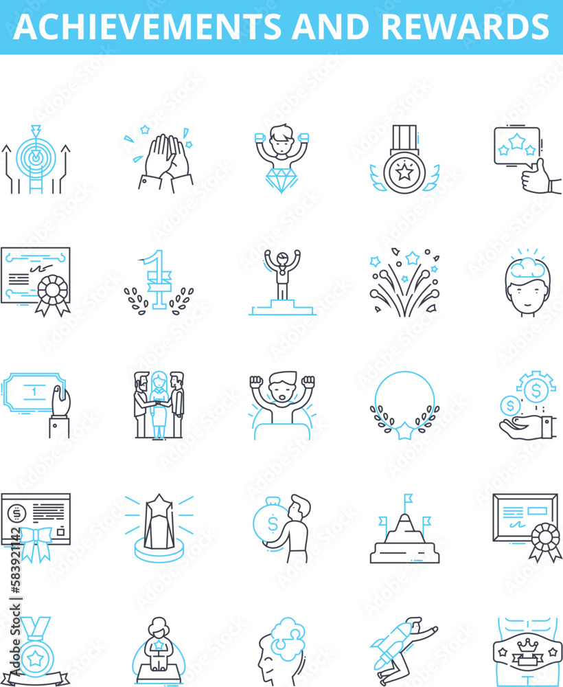 Vetor de Achievements and rewards vector line icons set. Awards, Merits ...