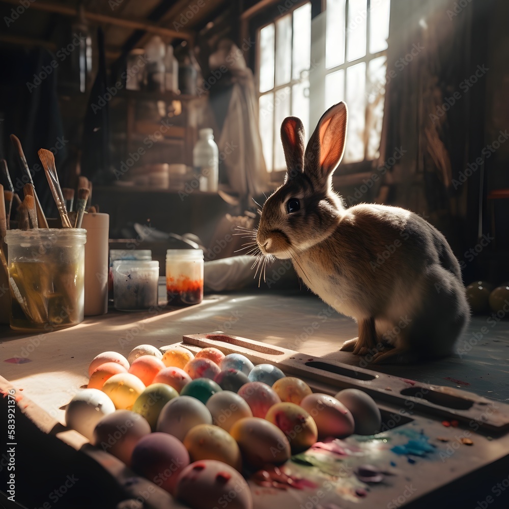 Ein kleiner Osterhase sitzt in seiner Malerwerkstatt und bemalt Eier in ...