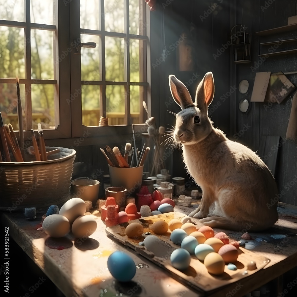 Ein kleiner Osterhase sitzt in seiner Malerwerkstatt und bemalt Eier in ...