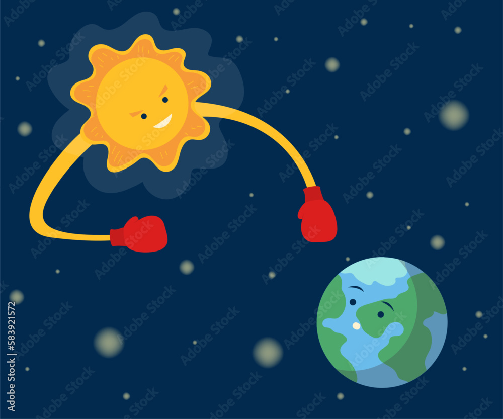 Sun punching Earth vector illustration. Evil sun in boxing gloves ...
