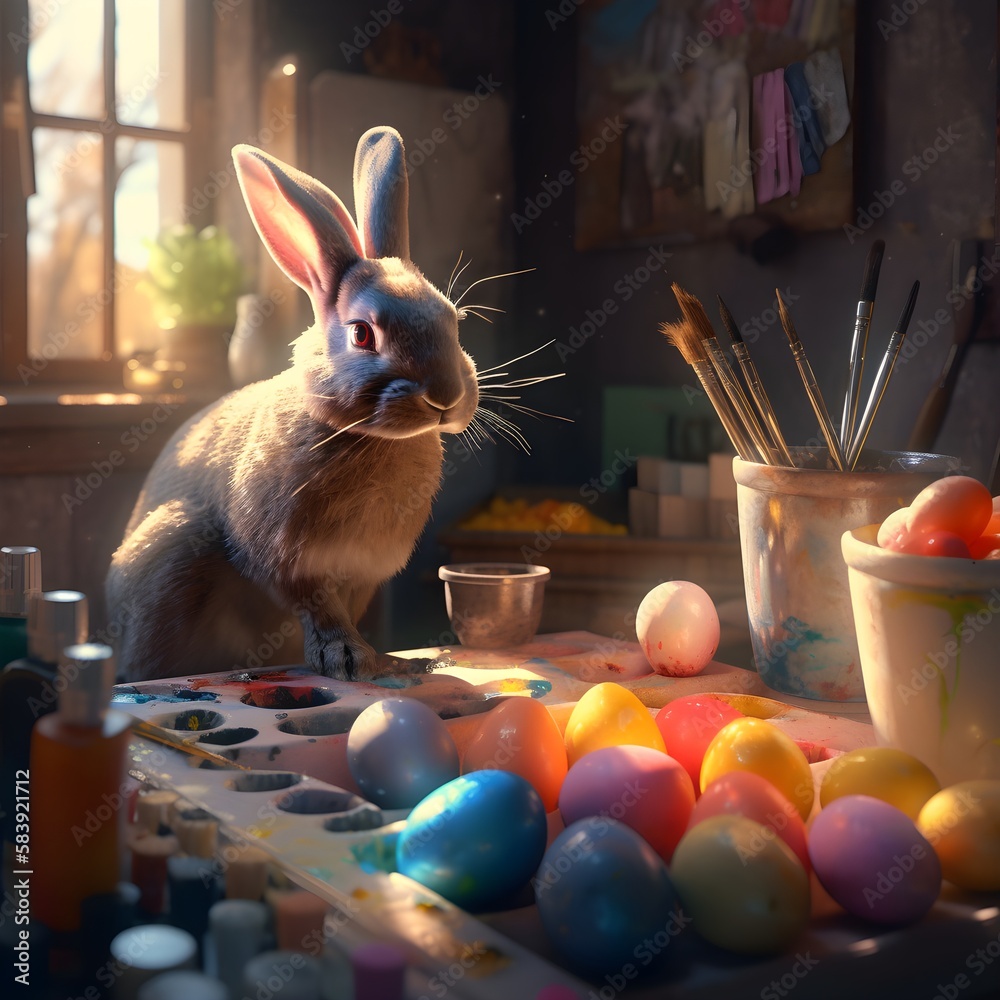 Ein kleiner Osterhase sitzt in seiner Malerwerkstatt und bemalt Eier in ...