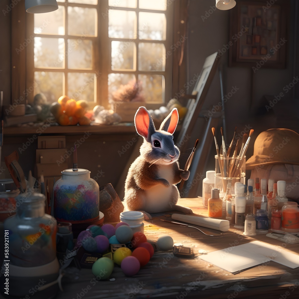 Ein kleiner Osterhase sitzt in seiner Malerwerkstatt und bemalt Eier in ...