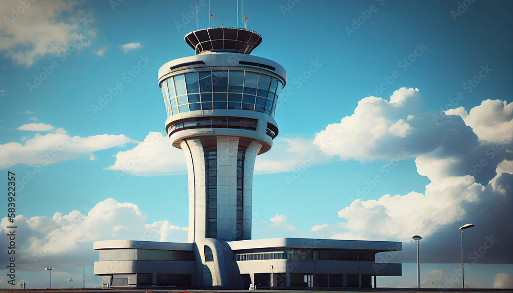 Air control tower at the airport with blue sky and clouds on the ...