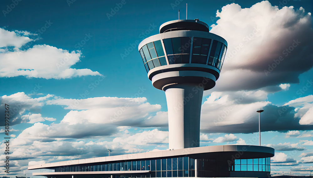Air control tower at the airport with blue sky and clouds on the ...
