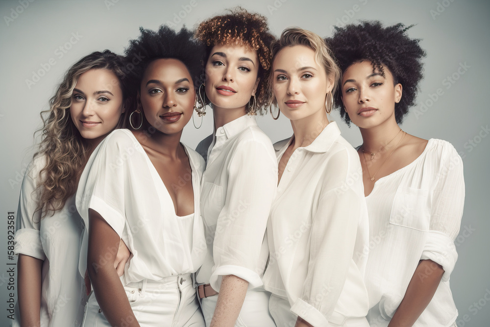Portrait of multiracial women in studio looking at camera over grey ...