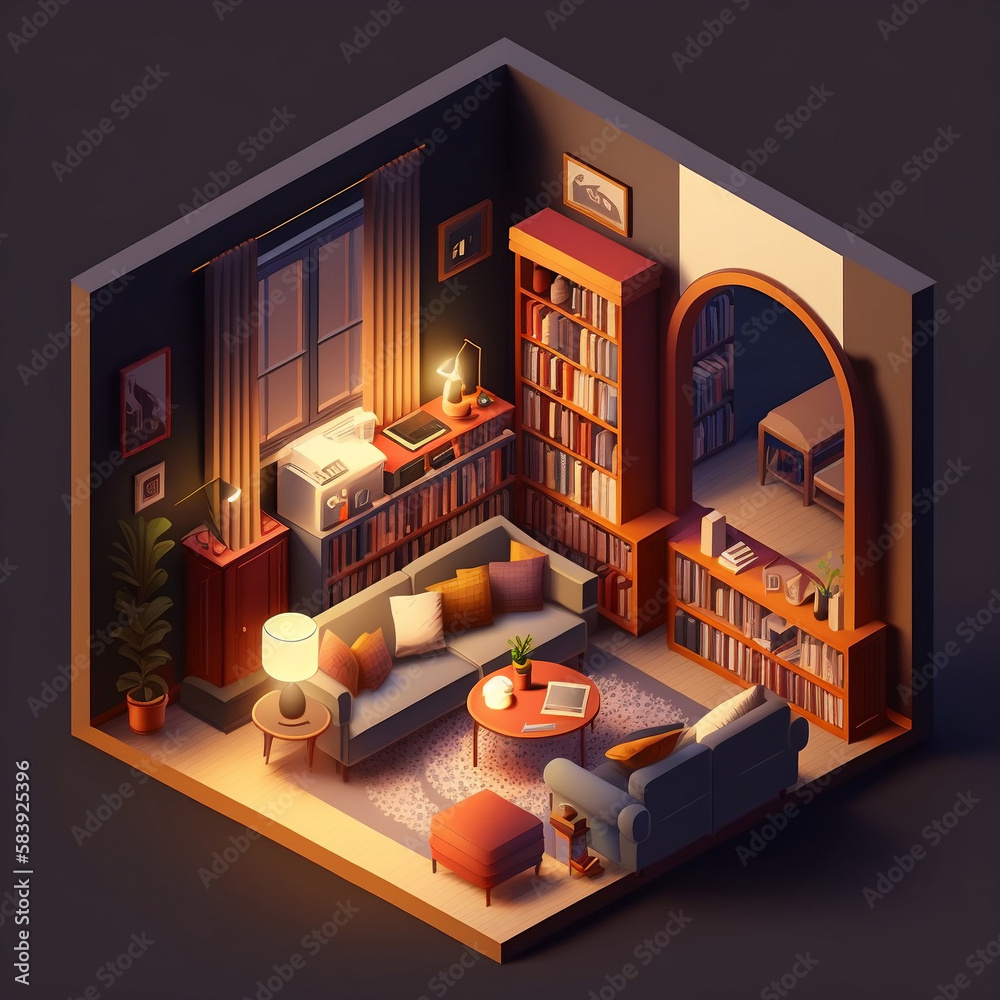 A 3D rendering of an isometric view living room in a library with an ...