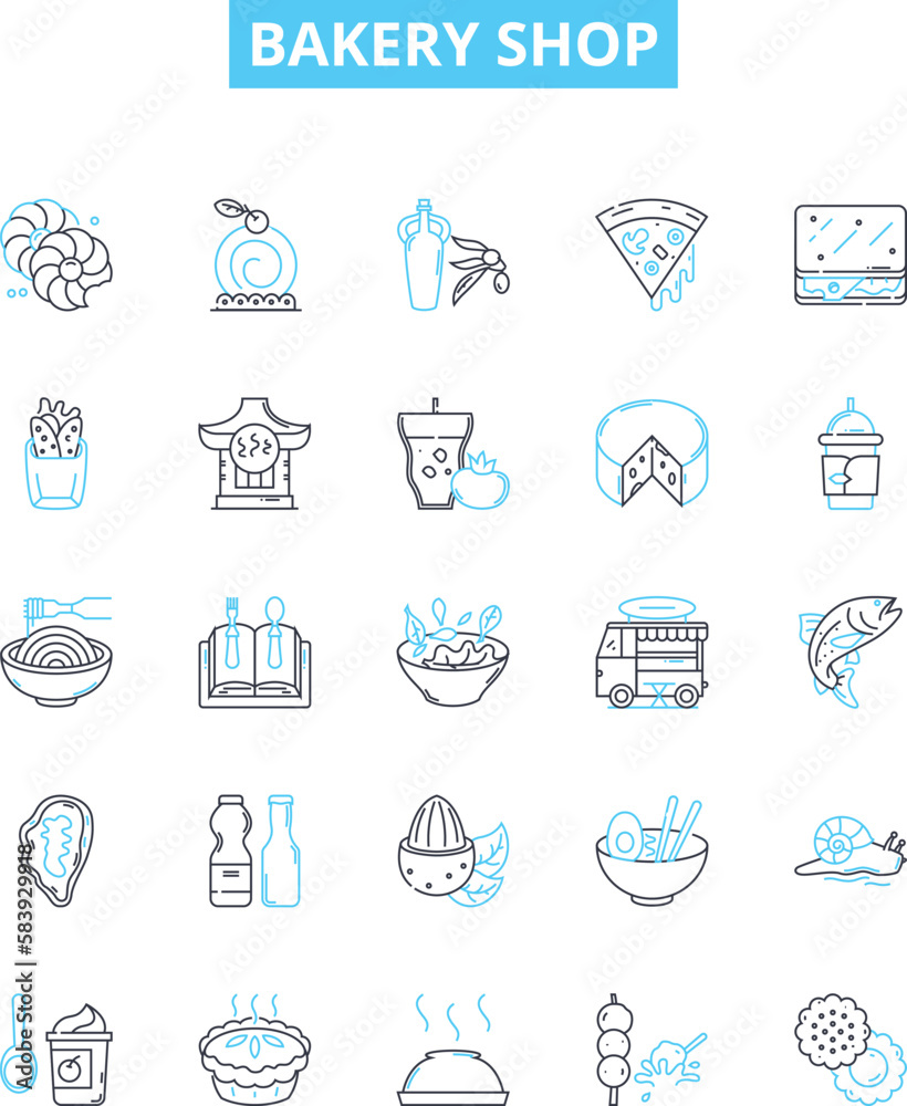 Bakery shop vector line icons set. Pastry, Cake, Bread, Cookies, Donuts ...