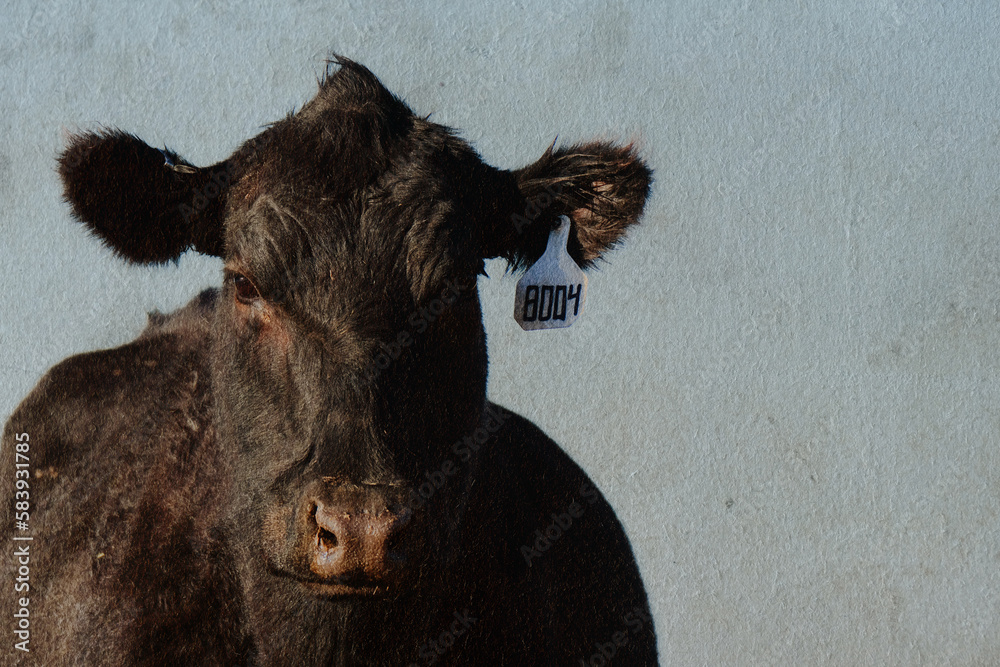 Black angus beef cow portrait closeup on farm with copy space on blue ...