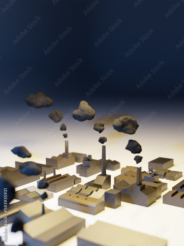 Air pollution, smoke coming out of factories. Low-poly digital 3D ...