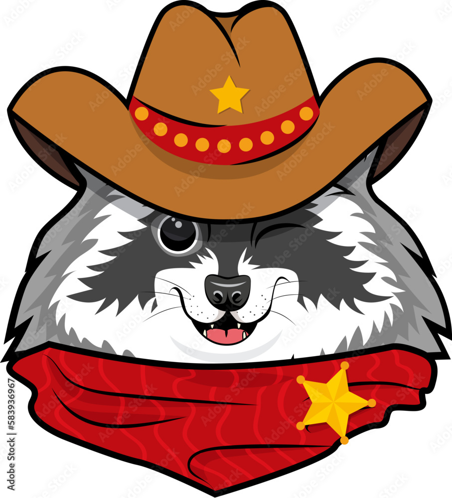 Cute smiling face of cowboy sheriff raccoon. Flat vector illustration ...