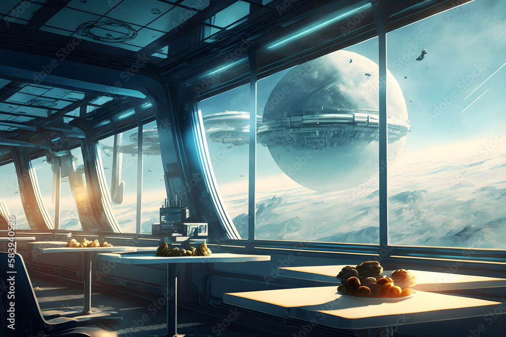 space station cafe interior with large windows with cloudy sky behind in sci-fi futuristic style ...