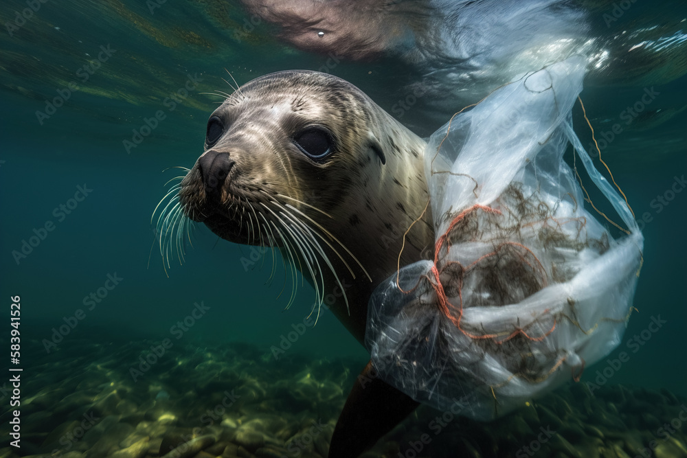 A baby seal trapped in plastic debris floating in the North Pacific ...