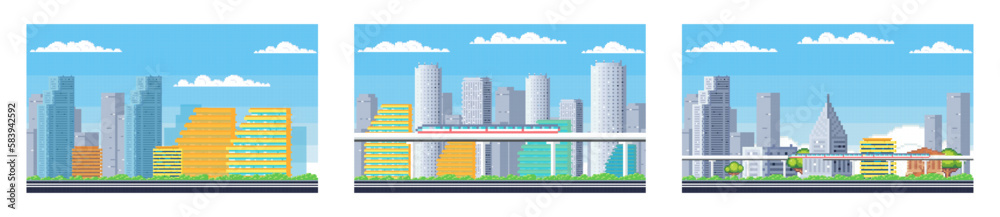 Pixel art landscape. Urban street view, 8 bit city park road, with ...