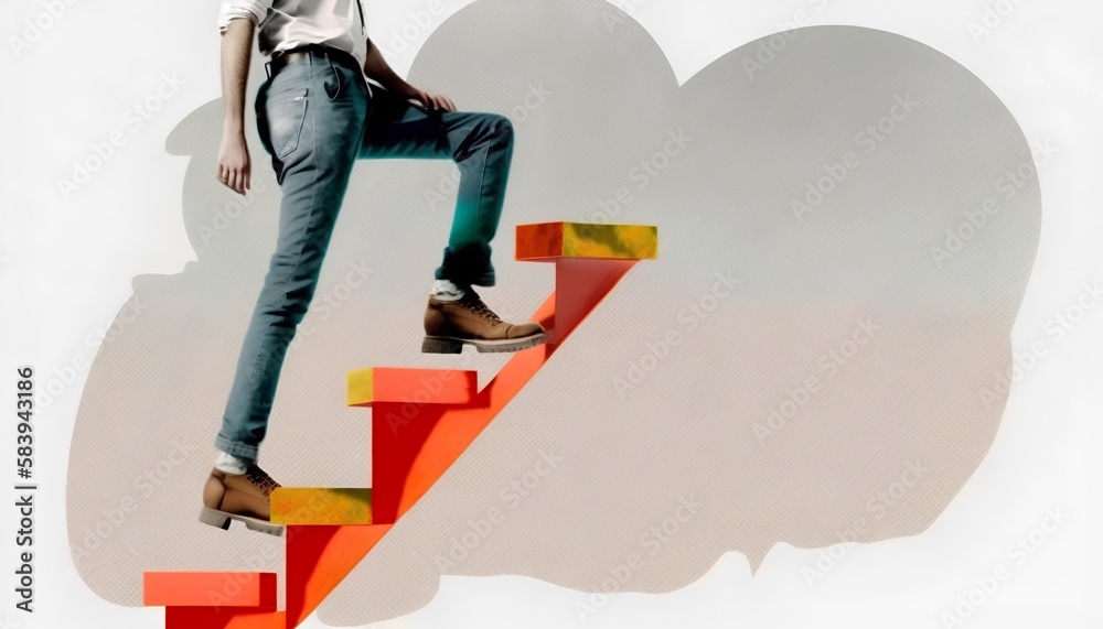 Stylized collage concept of a person feet stepping upward on a ladder ...